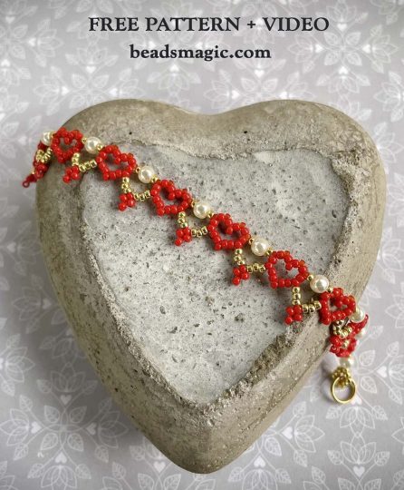 Free pattern + Video for bracelet Red Hearts | Beads Magic