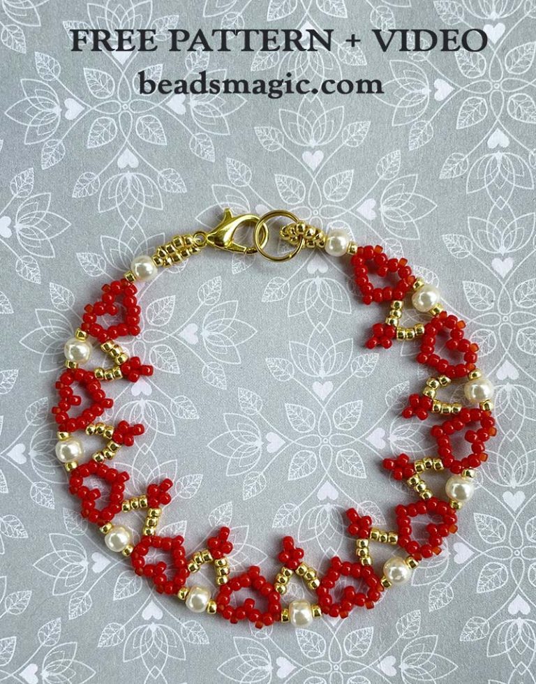 Free pattern + Video for bracelet Red Hearts | Beads Magic