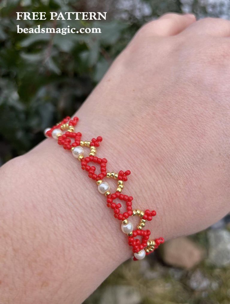 Free pattern + Video for bracelet Red Hearts | Beads Magic