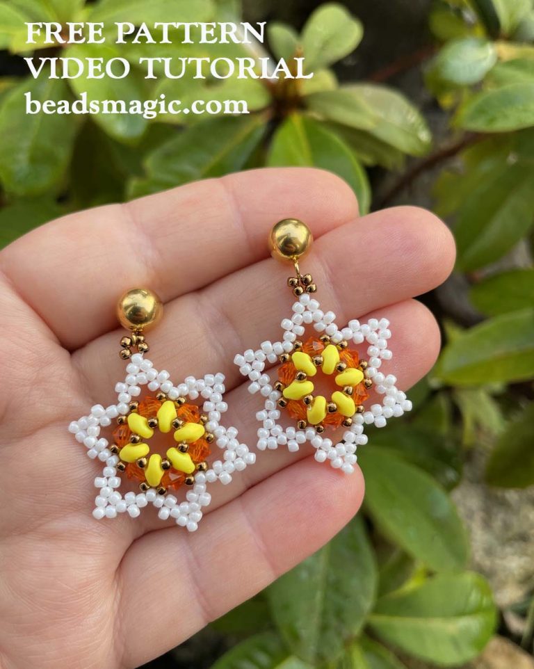 Free pattern and video tutorial for earrings Chamomile | Beads Magic